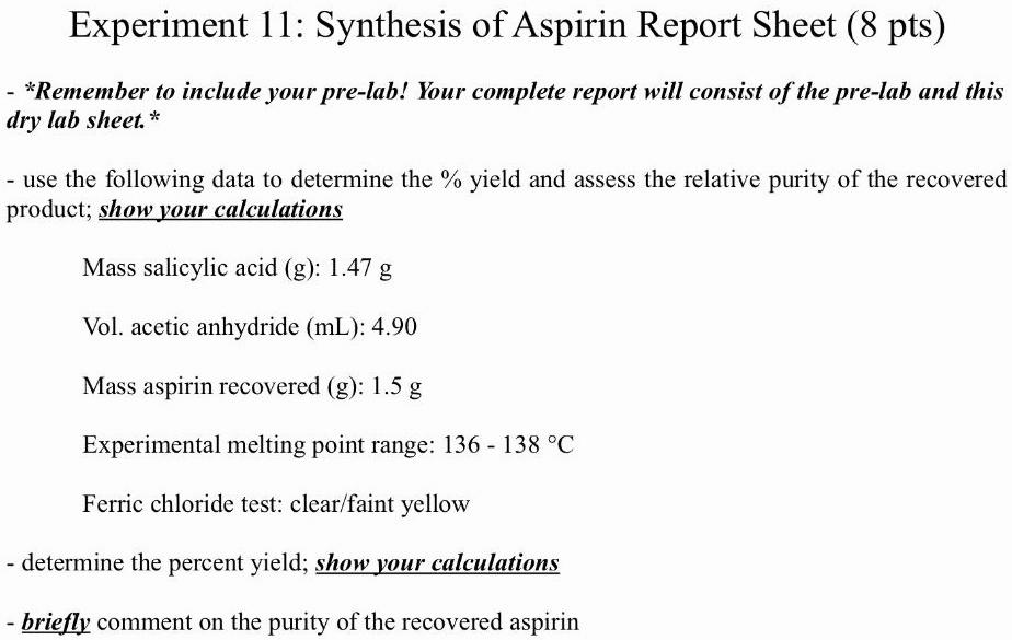 Synthesis of Aspirin Pre Lab Answers